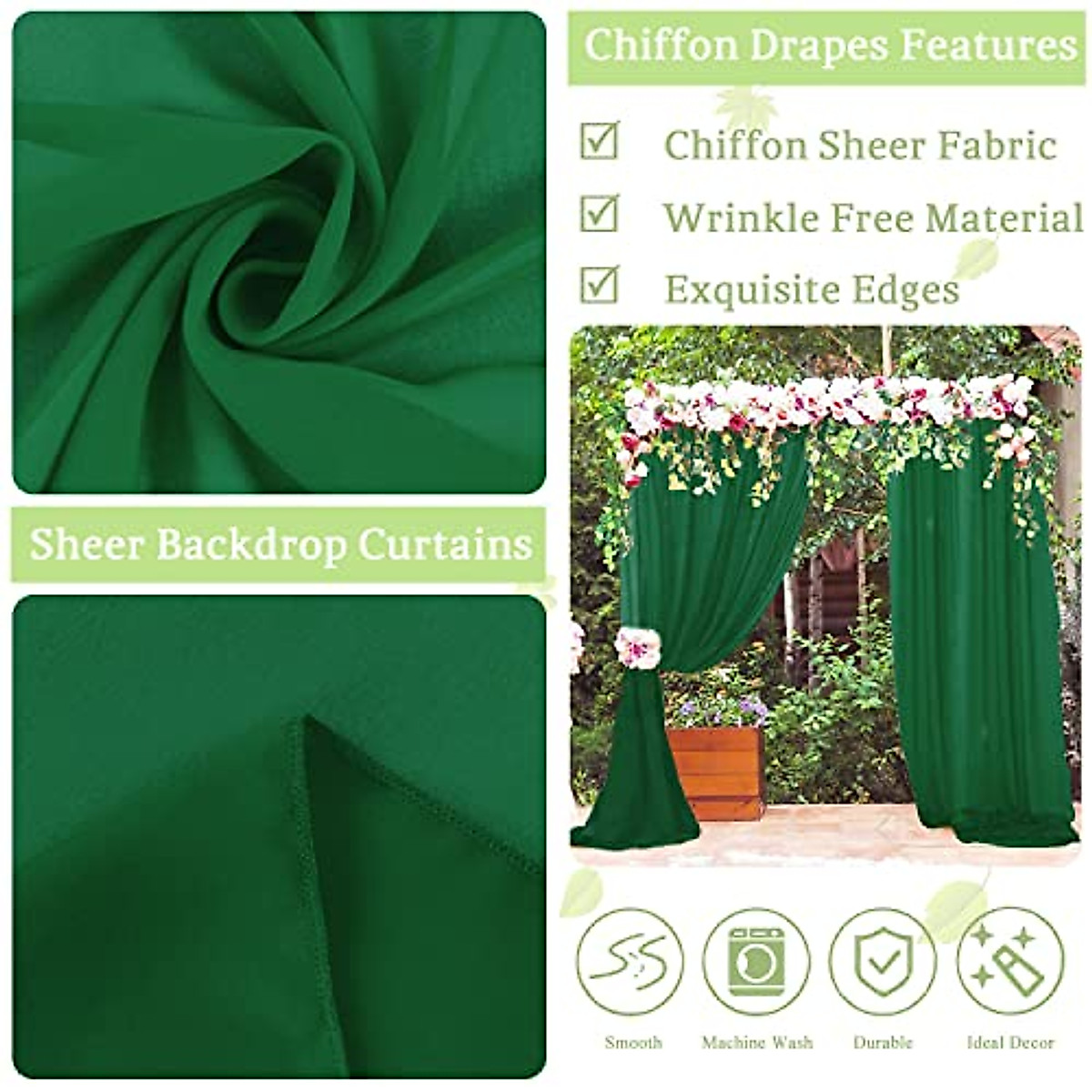 FANPROMS Dark Green Chiffon Curtains 10FTx10FT 2 Panels Chiffon Fabric Backdrop Drapes Sheer Archway Drapes for Wedding Emerald Green Tulle Backdrops for Wedding Birthday Arbor Canopy Ceiling Curtain