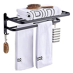 JRMM Towel Racks for Bathroom Wall Mounted Towel Shelf with Two Towel Bars and Hooks, Multifunction Foldable Double Towel Bars, No Rust, Aluminum, Matte Black22.6 inch