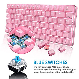 FELICON Pink Mechaincal Gaming Keyboard and Mouse Pad Combo Blue Switches USB Wired White Backlit Compact 82 Keys Anti-ghosting,Compatible with Windows PC Laptop Mac Game Office