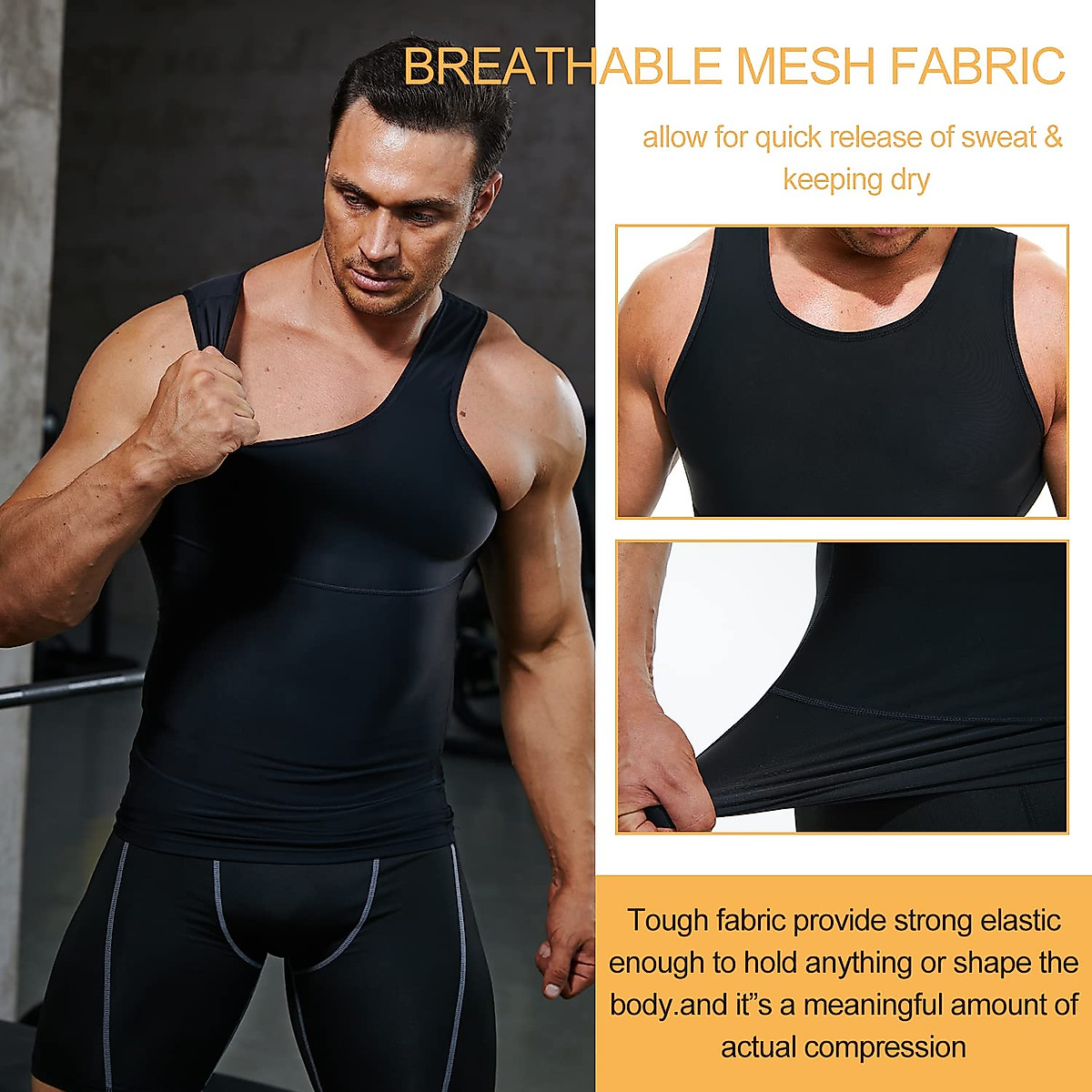 Mens Compression Shirt Slimming Undershirt Body Shaper Vest Workout Tank Tops Shapewear Abs Abdomen Black