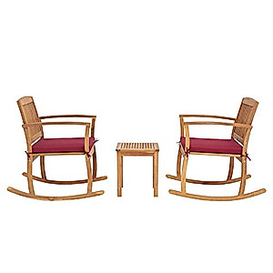 Kinsunny 3 Piece Wood Patio Bistro Rocking Chairs Outdoor Chat Wooden Rocker Conversation Set with Cushions and End Table for Garden, Pool, Backyard