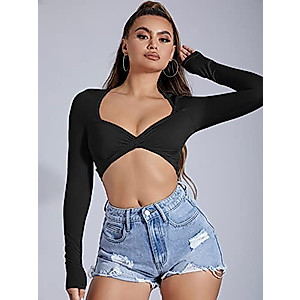 SheIn Women's Long Sleeve Crop Top Notch Neck Solid Twist Front Tee Shirt Black S