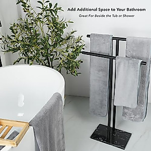 WISATO - Free Standing Towel Rack for Bathroom - Stand Alone 2 Tier Stainless Steel Towel Rack for Bathroom Floor with Heavy Marble Base & Matte Black Finish - Double T Shape Drying Stand for Towels