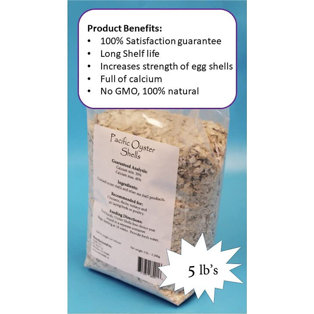 Pacific Oyster Shells - Crushed Oyster Shell Calcium Supplement for Egg-Laying Poultry (Chickens & Ducks) 5lb