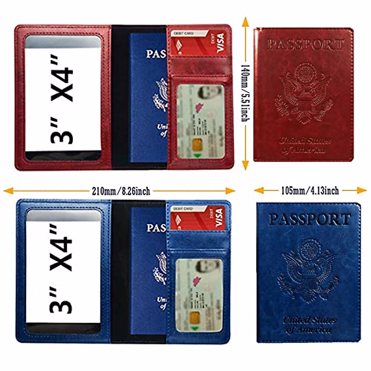 Redify 2 Pack Passport and Vaccine Card Holder Combo - PU Leather Passport Holder with Vaccine Card Slot, Travel Passport Wallet for Women and Men, Family Passport Cover Case (Blue, Wine Red)