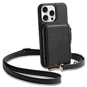 ZVE for iPhone 15 Pro Max Wallet Case Crossbody, Card Holder Phone Purse for Women, RFID Blocking Zipper Leather Cover with Wrist Strap for iPhone 15 Pro Max (6.7 inch)- Black