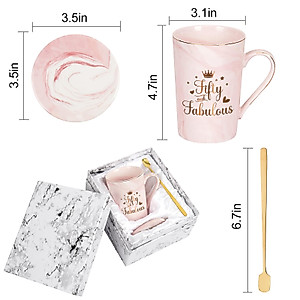 YHRJWN - 50th Birthday Gifts for Women, Fifty and Fabulous Mug, 50th Birthday Gift Ideas for Women Turning 50, Happy 50th Birthday Gifts for Mom Sister Coworker, Pink 14 Oz with Spoon, Coaster, Box
