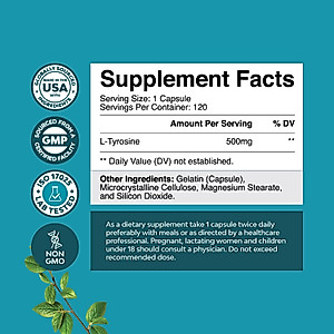 Free Form L Tyrosine 500mg Capsules - High Strength L-Tyrosine Supplement for Mental Energy and Focus Support - Amino Acid Nootropic Supplement for Mood Focus Attention and Cognitive Performance