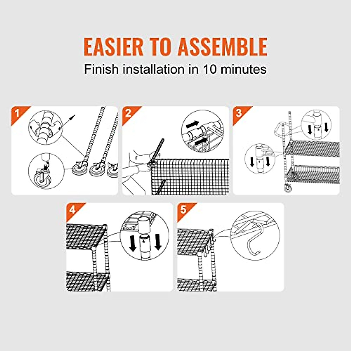 VEVOR Kitchen Utility Cart, 3 Tiers, Wire Rolling Cart with 661 LBS Capacity, Steel Service Cart on Wheels, Metal Storage Trolley with 80 mm Deep Basket Curved Handle 6 Hooks, NSF Listed