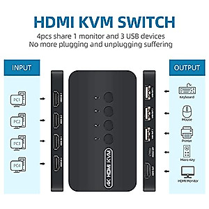 4K HDMI KVM Switch, 4 Port HDMI USB Switch for 4 Computer Share a 4K@30Hz Monitor and 3 USB Device Keyboard Mouse Printer, Including 4 KVM Cables