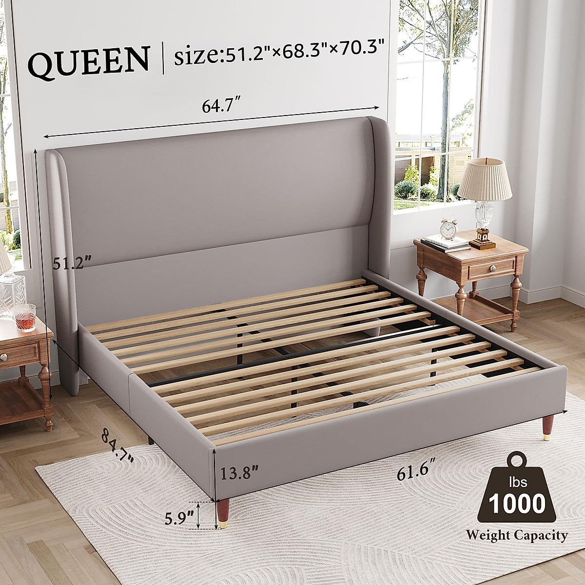 Jocisland Upholstered Bed Frame Queen Size Platform Bed with Wingback Headboard/No Box Spring Needed/Easy Assembly/Light Grey