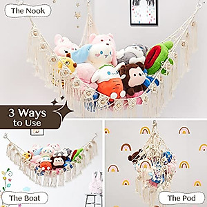 MIPON 59" Stuffed Animal Storage Hammock-Hanging Toy Organizers and Storage-Boho Wall Corner Hammock Net with LED Light and Hooks for Kids Room, Nursery, Bedroom Decor(Beige)