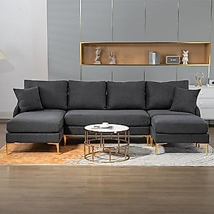 110" W Convertible Sectional Sofa with Reversible Chaise Lounge and Activity Ottoman, Polyester Blend U-Shape Modular Sectional Couch, 4-Seat Sofa Couch for Living Room Apartment Office, Charcoal Grey