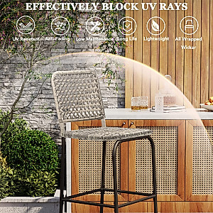 Sundale Outdoor Patio Bar Stools Set of 2, Hand Woven PE Rattan Hollow Back Armless Barstools for Deck Yard Porch, All-Weather Gradient Grey Wicker Outside Tall Chair Set