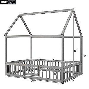 Eafurn Full Size House Bed with Fence Railings and Small Door, Solid Wooden Floor Platform Bed with Roof Design, Playhouse Bed Frame Easy Assemble for Kids, Teens, Girls, Boys