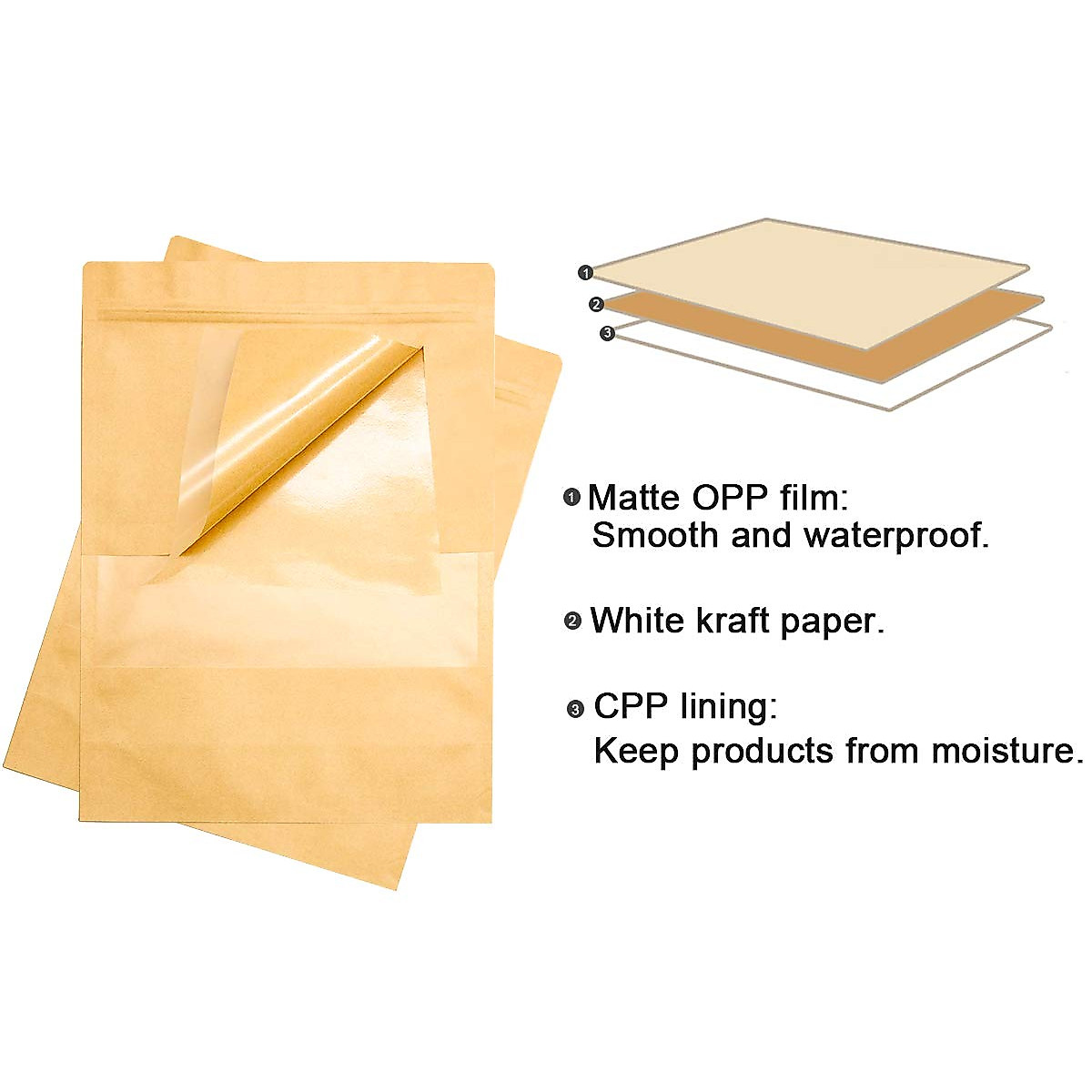 IDEALUX Stand Up Kraft Pouch Bags, Reusable Zip Lock Sealing & Notch Matte Transparent Window Bags, Resealable Zip Lock Food Storage Bag,11x7+3.14 Inches, Pack of 50