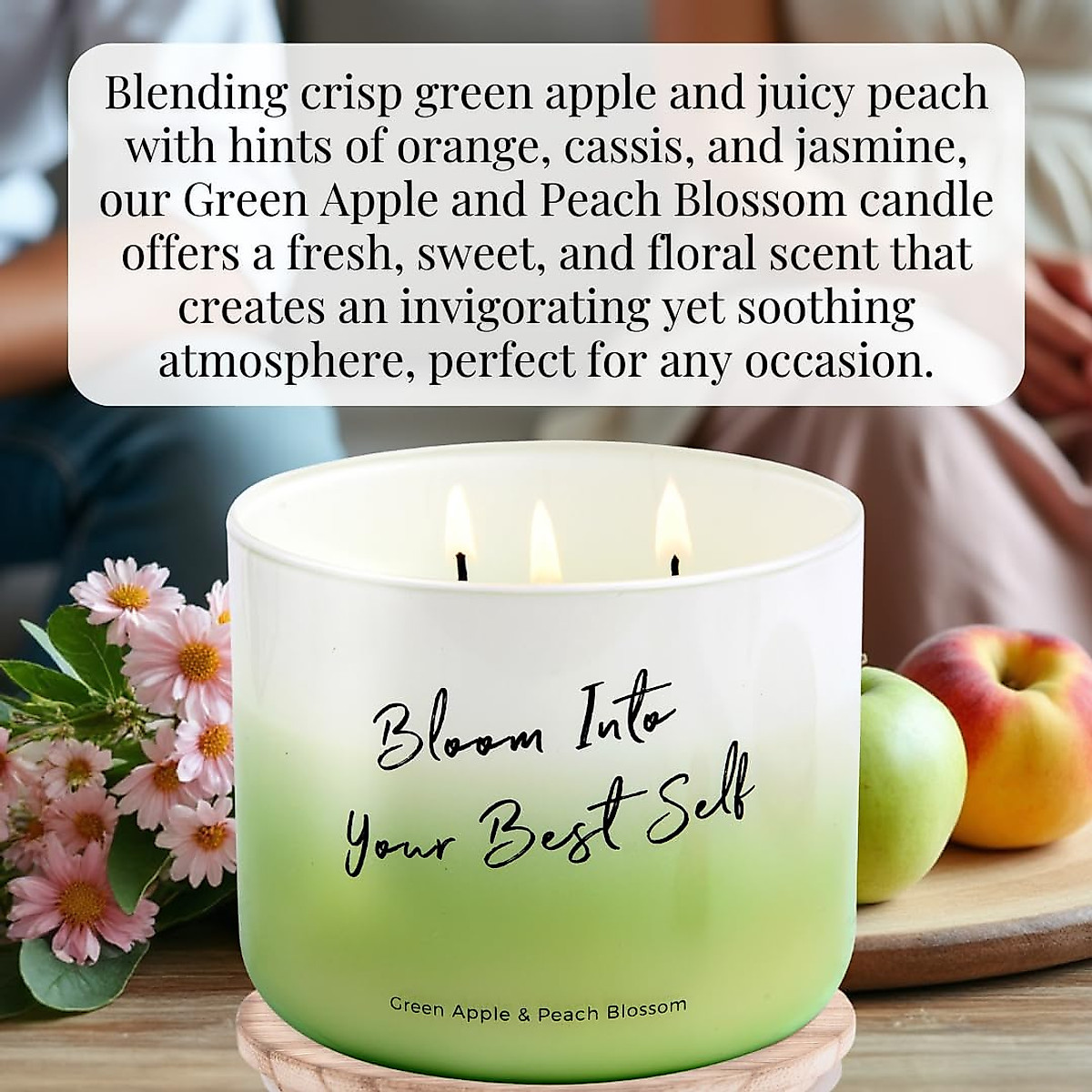 Green Apple Peach Blossom Candle | Natural Soy 3-Wick Scented Candle Large 15.8 oz | Apple Scented Candle | Bloom Into Your Best Self Holiday Candle Gifts, Aromatherapy Relaxing Candle for Women & Men