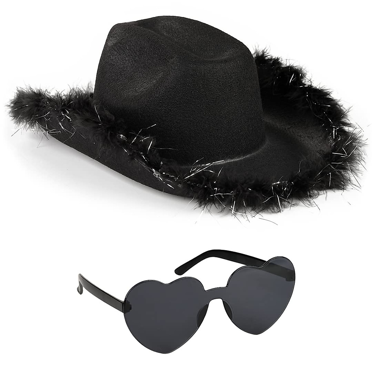 Funcredible Black Cowboy Hat and Glasses - Fluffy Cowgirl Hat with Star for Girls - Cowboy Hat with Feathers - Cowgirl Accessories - Halloween Accessories for Women