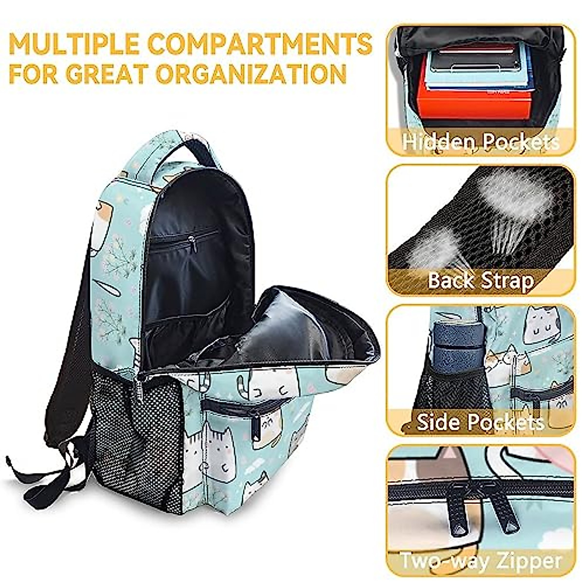 CUNEXTTIME Cat Backpack for Girls Boys, 16 Inch Green Backpacks for School, Cute Lightweight Durable Bookbag for Kids