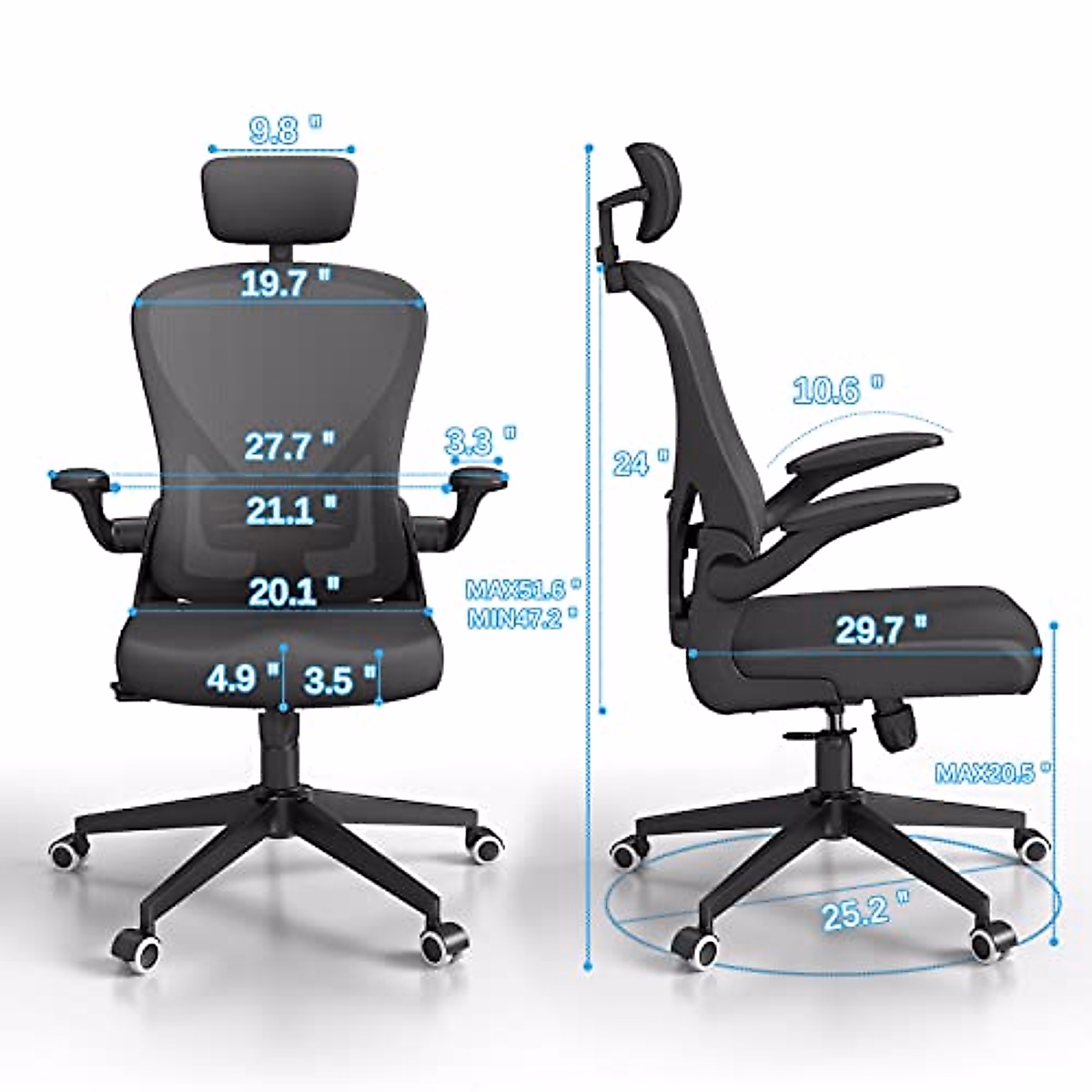 Wayaon Office Chair Ergonomic Desk Chair Home Mesh High Back Chairs Adjustable Lumbar Support and Headrest with Flip-Up Arms, Tilt Function, Wheel 360 Degree Swivel Computer Chair