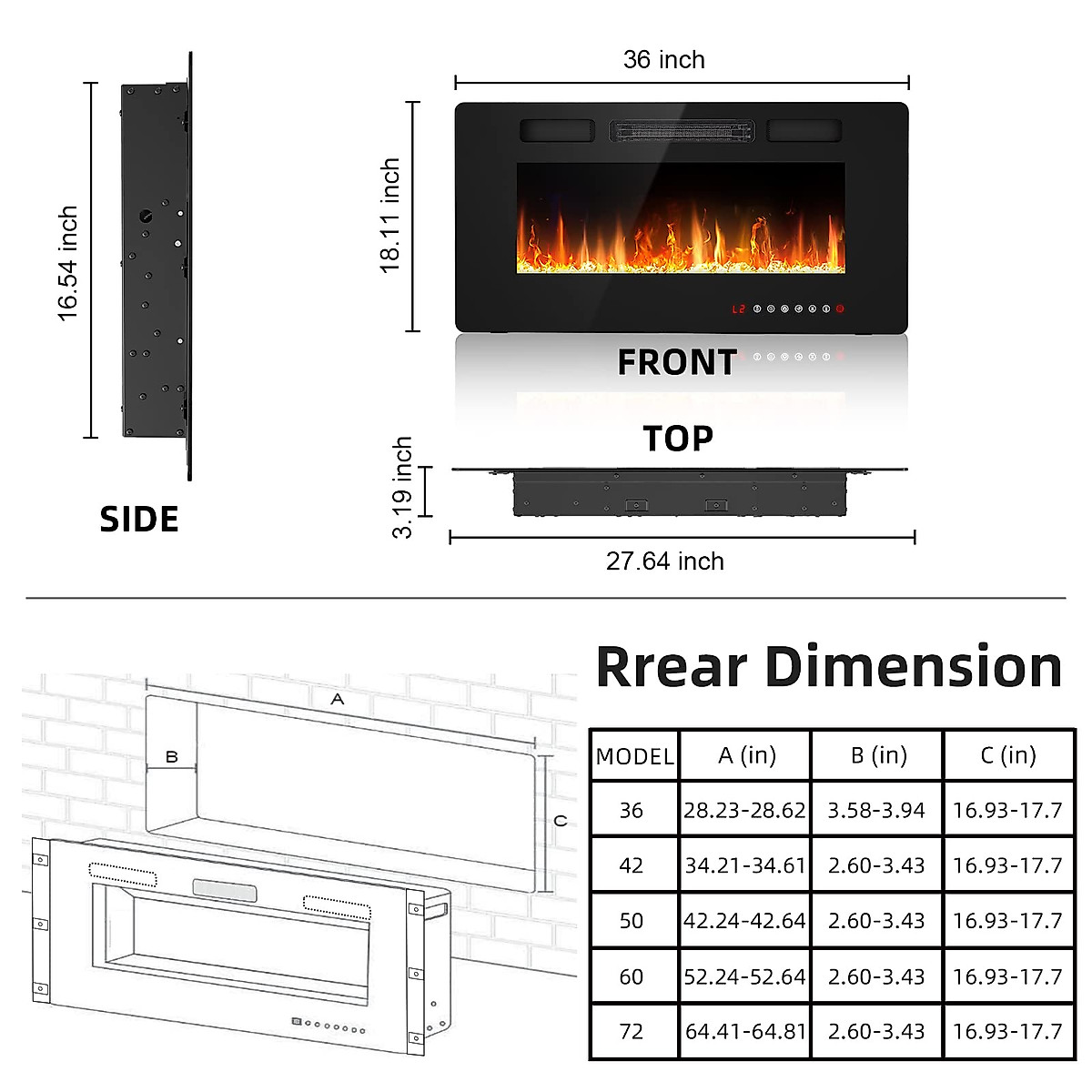 Zionheat 36 inches Electric Fireplace-Wall Fireplace for Living Room-Fireplace Heater Insert Wall Mounted with Remote Control,Timer,12 Flame Colors,750/150W