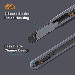 JIMIHOME Household Tool Essential Utility Knife Pack（2 PCS）Stainless Steel ABS Retractable SK2 Snap-off Blade Snapper 2 Spare Blades Change Light Duty Home Office Box Carton Cardboard Paper Cut