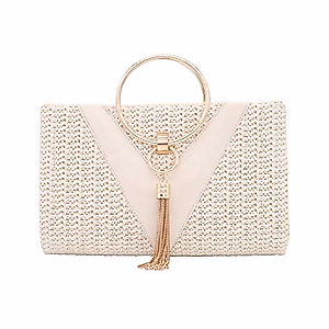 Straw Handbag Evening Bag Clutch Purses for Women,Elegant Summer Beach Tote Tassels Straw Top Handle Clutch with Chain (White)