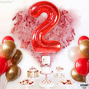 KatchOn, Big Red Number 2 Balloon - 40 Inch | 2nd Birthday Balloons for Two Fast Birthday Decorations | 2 Balloon Number for 2nd Birthday Decorations for Boys | Plim Plim Birthday Party Supplies