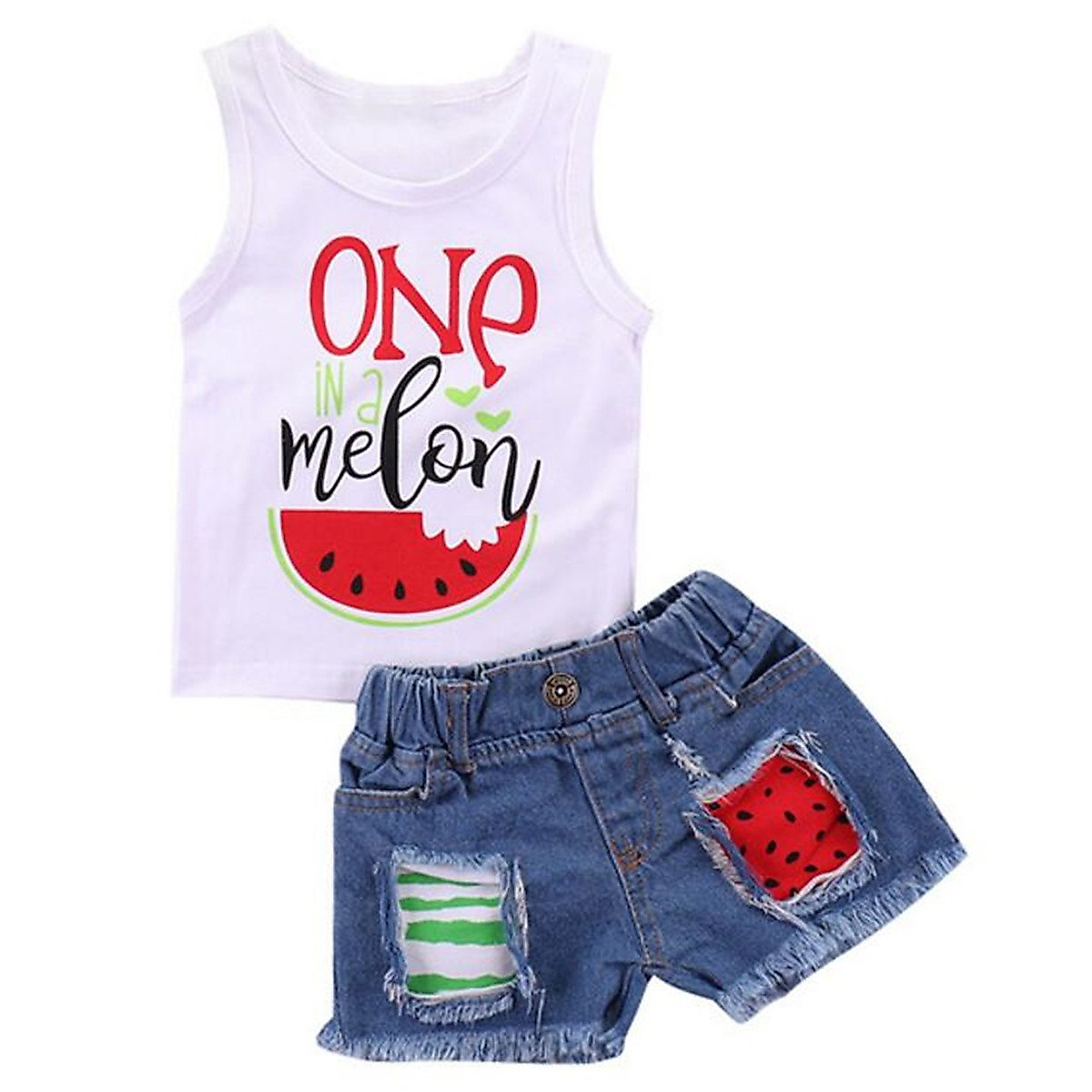 LOTUCY 2PCS Baby Girls Boy Clothes One in A Melon Watermelon Tops Tassel Ripped Denim Shorts Set Baby Boy Girl 1st Birthday Outfit