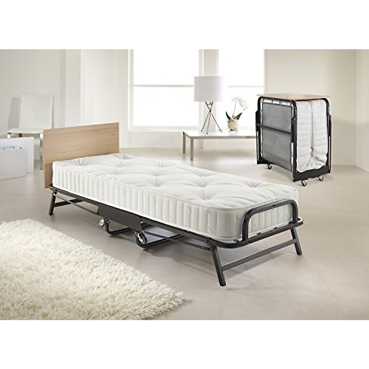 JAY-BE Hospitality Folding Bed with Deep Spring Mattress and Headboard, Regular, Black/White
