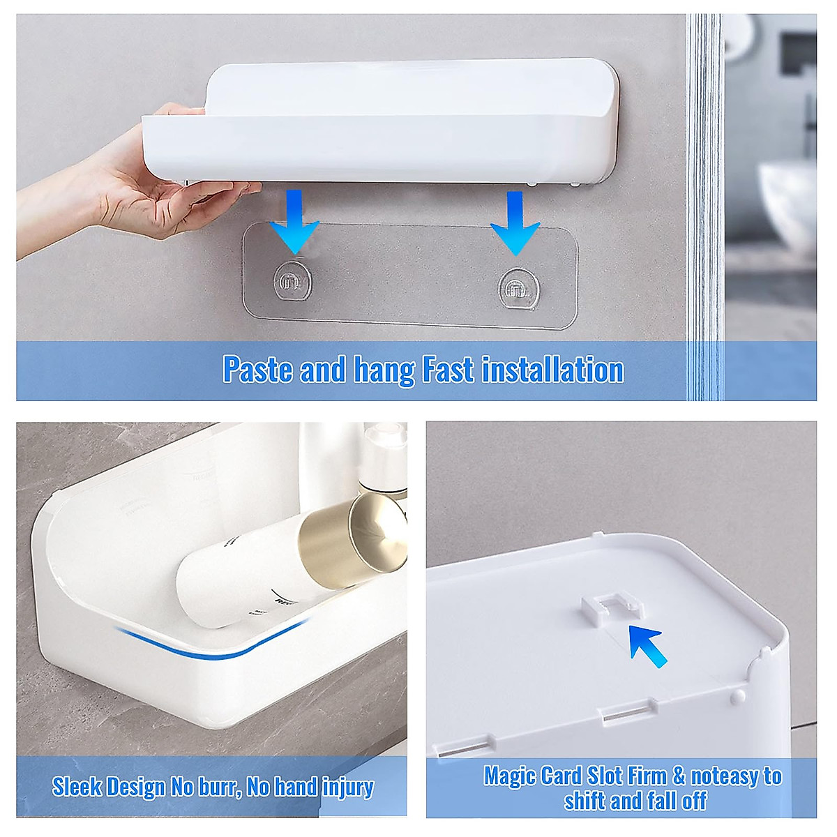 Diesisa 2pc Acrylic Wall Mounted Shower Caddy, Adhesive Shelf, Bathroom Shelves for Wall, No Drilling Hang Walls,Stick on Shelf, with Self Adhesive Tape, for Bathroom, Kitchen, Living Room