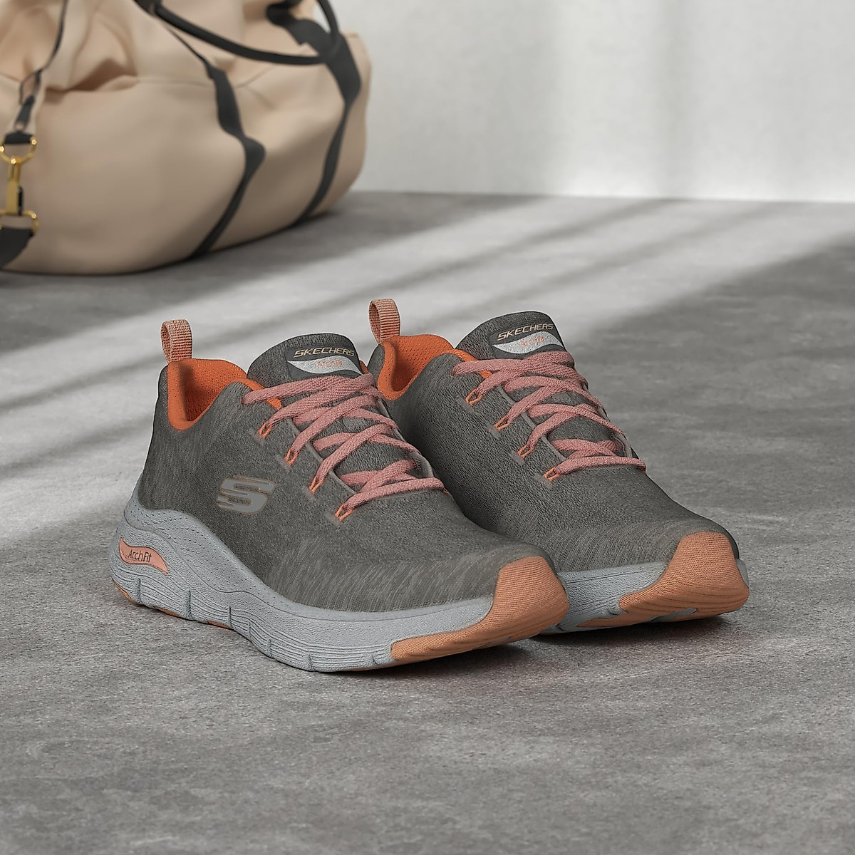 Skechers Women's Sneaker, Gray Knit Pink Trim, 7