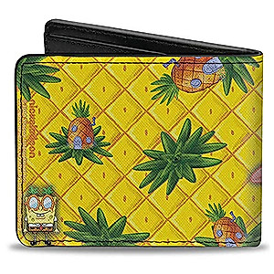 SpongeBob Squarepants Men's Buckle-Down PU Bifold Wallet-Spongebob & Patrick Starfish Pose Pineapple Gold, Multicolor, 4.0" x 3.5"