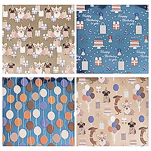 WRAPAHOLIC Birthday Wrapping Paper Roll - Adorable Dogs and Colorful Balloons with Metallic Foil Shine - 4 Rolls - 30 Inch X 120 Inch Per Roll