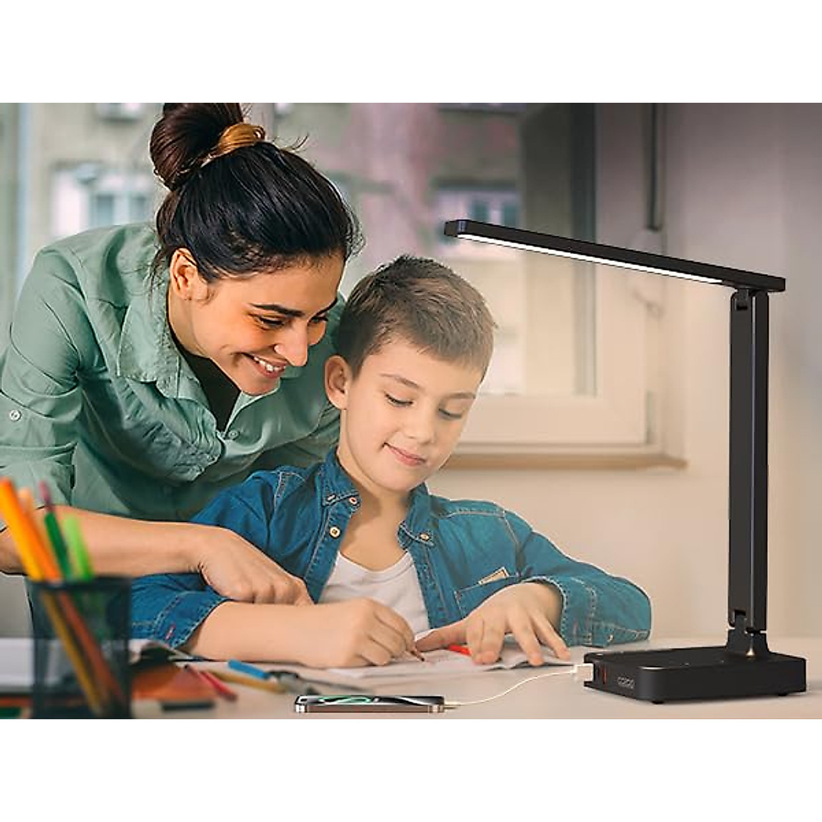 Wood LED Desk Lamp with 3 USB Charging Ports and 2 AC Outlets,3 Color Temperatures & 3 Brightness Levels, Touch/Memory/Timer Function,10W Eye Protection Foldable Reading Light,Office Table Lamp Wood