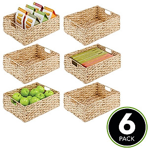 mDesign Hyacinth Braided Woven Kitchen Basket Bin with Built-in Handles for Organizing Kitchen Pantry, Cabinet, Cupboard, Countertop, Shelves - Holds Food, Drinks, Snacks - 6 Pack - Natural/Tan