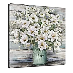 LAIART Bathroom Wall Decor Art Country Style Canvas Flowers Pictures Print Farmhouse Vintage Artwork for Kitchen Bedroom living room (flower, 12"x 12")