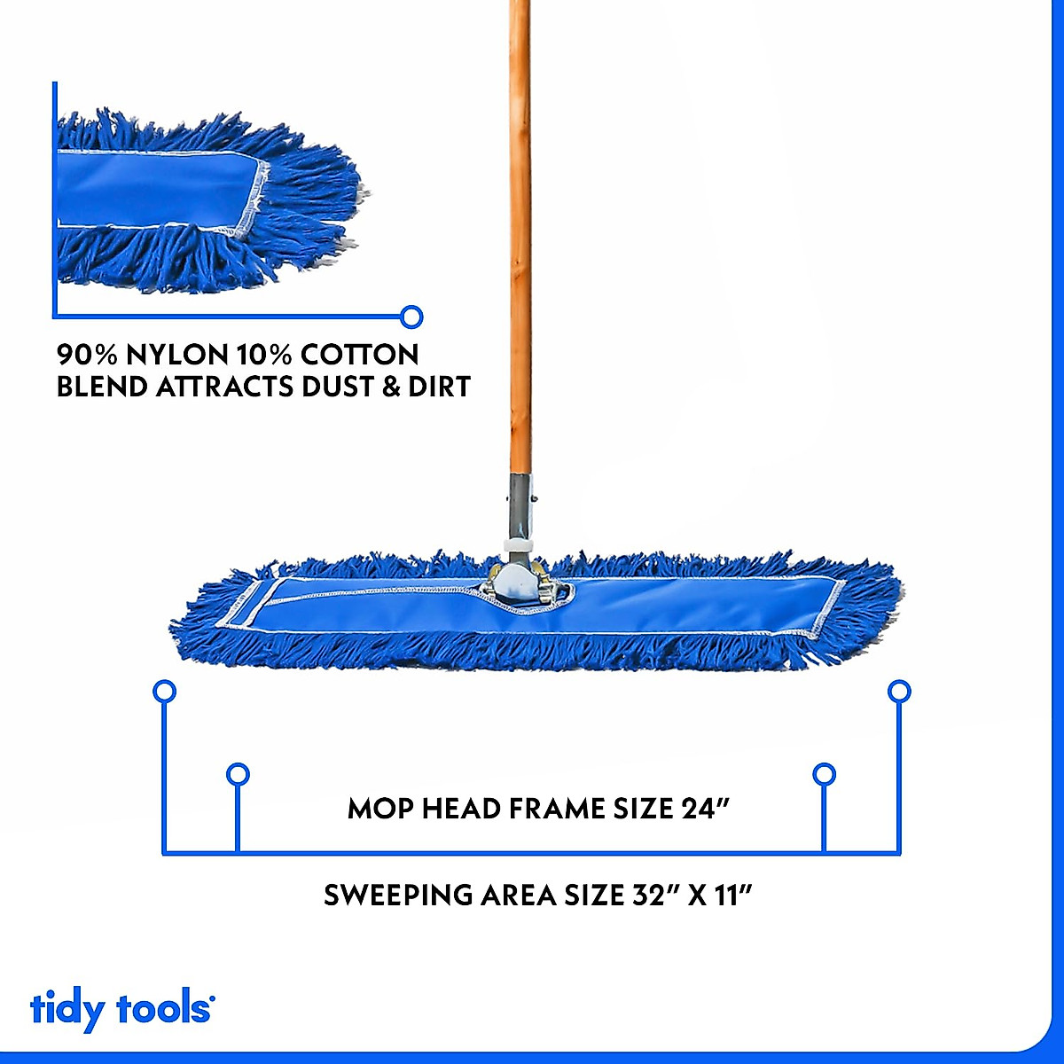 Tidy Tools Commercial Dust Mop & Floor Sweeper – 24 x 5 in. Cotton Nylon Reusable Mop Head, 63 in. Wooden Broom Handle – Industrial Dust Mops for Floor Cleaning & Janitorial Supplies, Blue