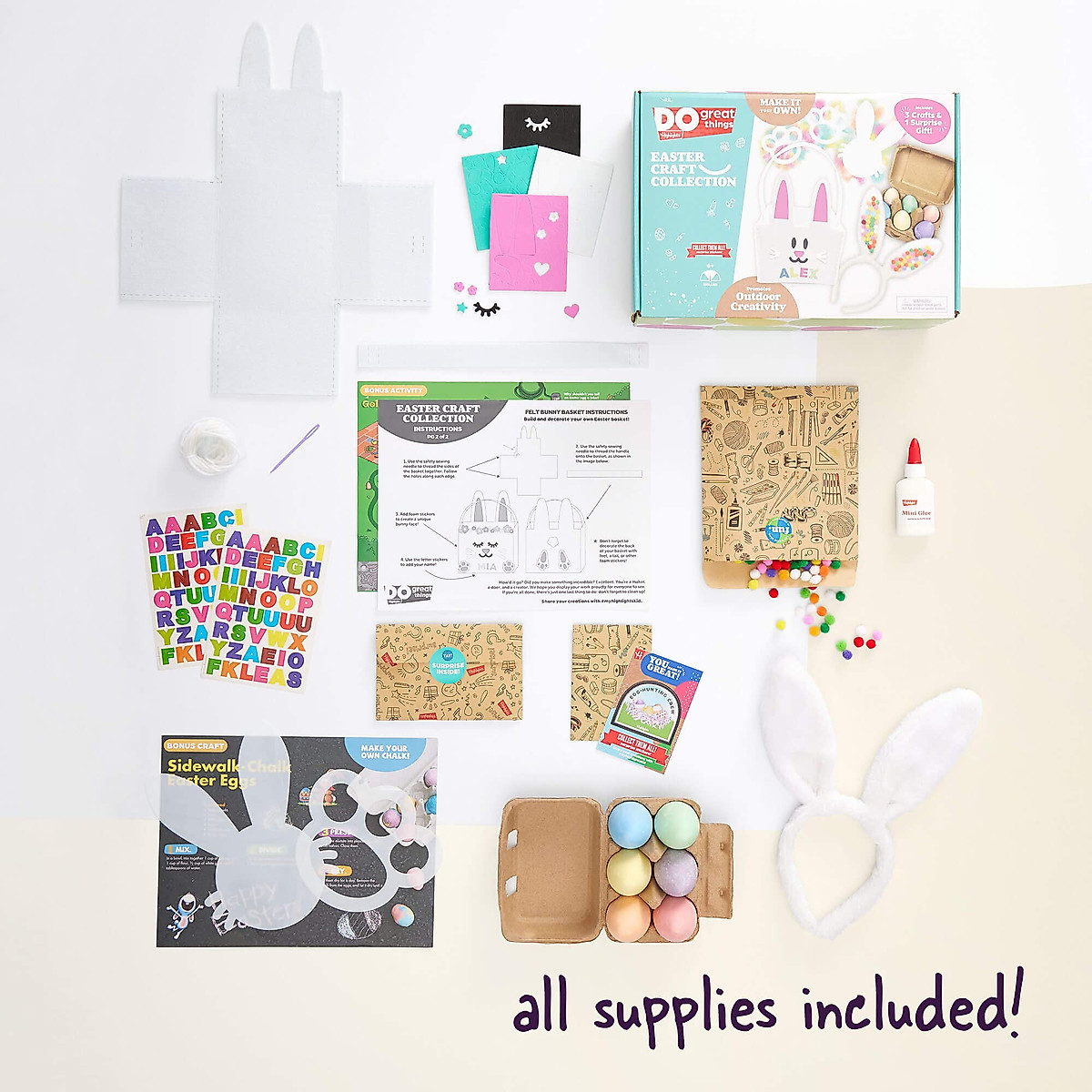 Highlights for Children Easter Craft Kit for Kids, 3 Easter Crafts in 1, Create an Easter Basket, Bunny Ears Headband, and Chalk Art Easter Decorations, Ages 6+