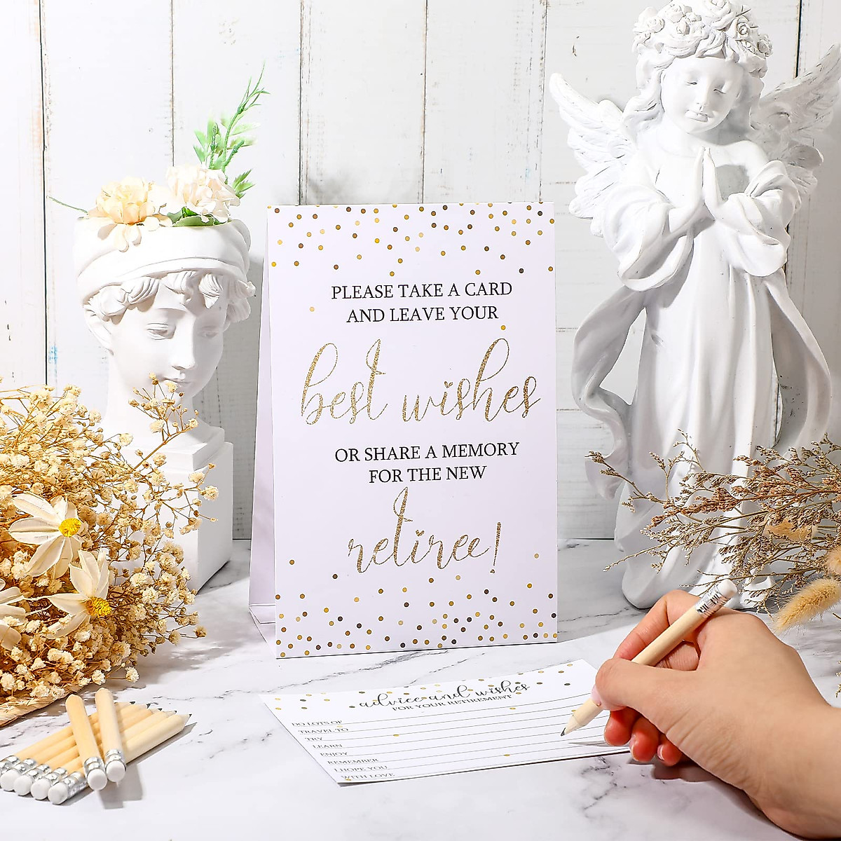 Fumete 50 Pieces Gold Retirement Party Advice and Wishes Cards with 10 Small Pencils and 1 Cardstock Place Card Retired Ideas Supplies and Decoration for Retirement Party Activities