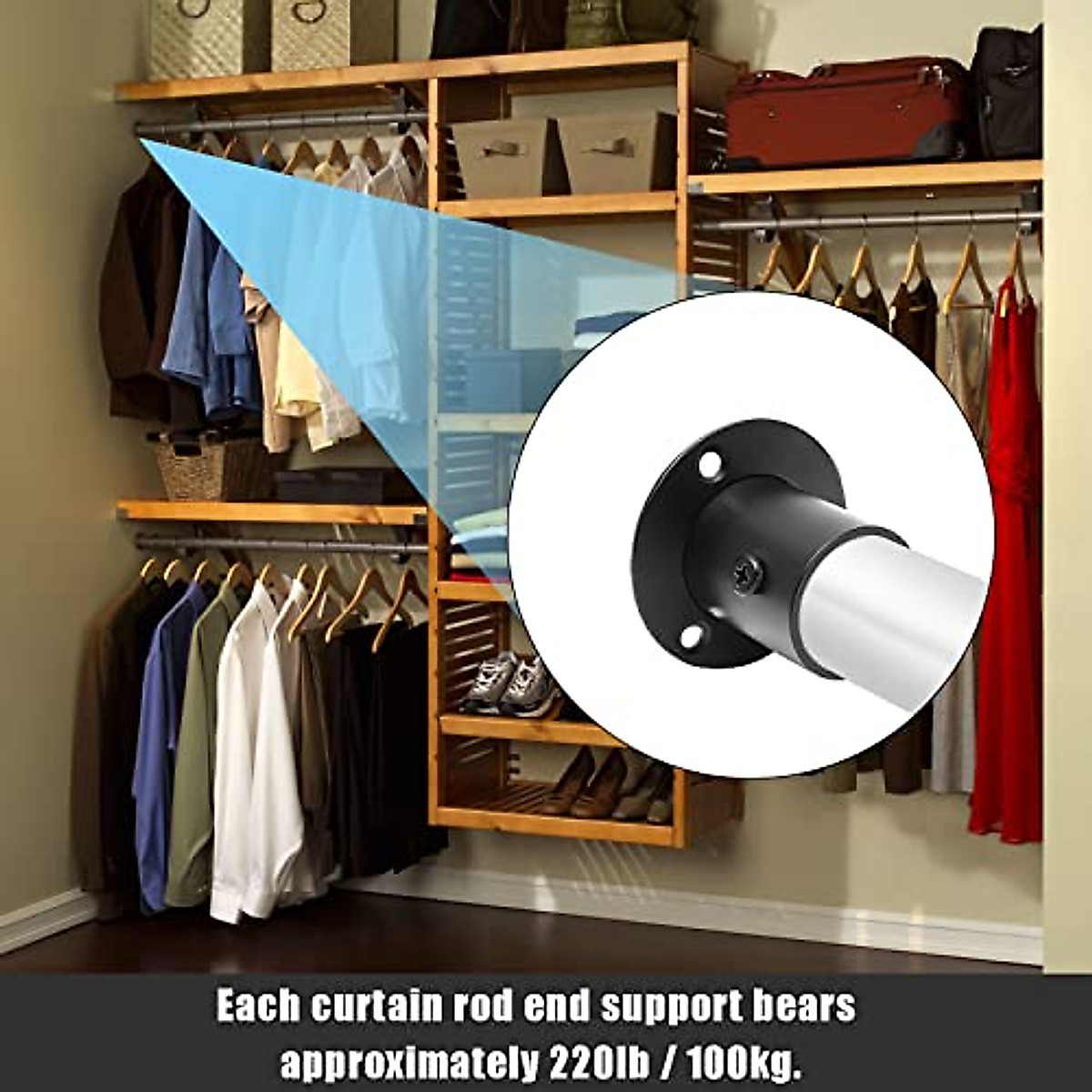 Qjaiune 4PCS Closet Pole Socket Set Wardrobe Rod Bracket, 3/4 Inch Curtain Rod Support Bracket Black Closet Rod Holder, Stainless Steel Closet Flange Heavy Duty Closet Rod End Supports (O Shaped)