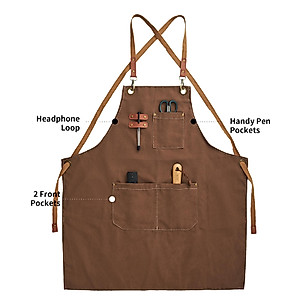 FunChaos Brown Canvas Aprons, Work Aprons for Men Women, Chef Aprons with Adjustable Strap and 3 Pockets, Apron for Servers Kitchen Cooking Baking Artist Painting, Cross Back