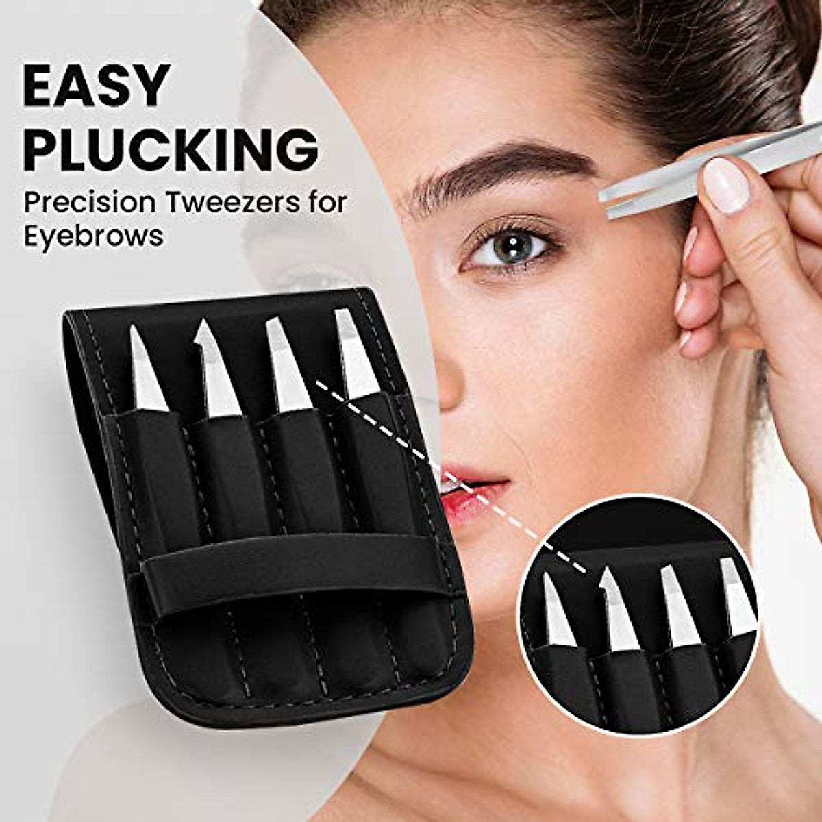 EXCLAIM BEAUTY Tweezers for Women & Men Pack of 4 Stainless Steel Tweezers Set, Precision Tweezers for Eyebrows Splinter Ingrown Hair Removal Tweezers Kit for Women with Leather Case – Silver