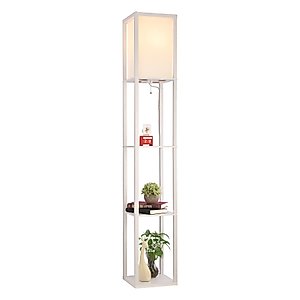 VONLUCE Floor Lamp, Etagere Standing Lamp with 3 Storage Shelves and Fabric Shade for Living Room Bedroom Office Decor, 62" Tall Corner Shelf Lamp for Books Plants (White)
