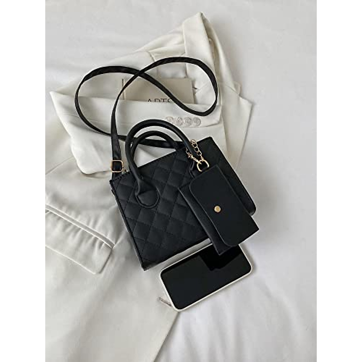 SHENHE Women's Quilted Leather Top Handle Totes Shoulder Square Bag Handbags with Wallet Black One Size