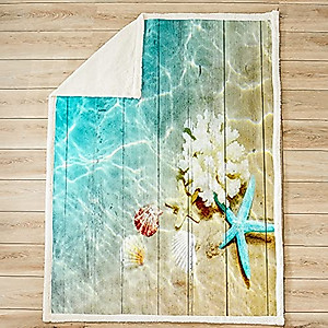 Feelyou Ocean Sherpa Blanket Coastal Beach Fleece Throw Blanket Starfish Shell Pattern Plush Blankets and Throws Summer Fuzzy Blanket for Bed Sofa Couch 90" x 90"