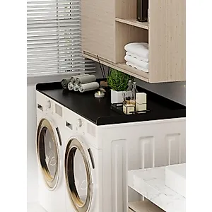 Toemics Washer Dryer Countertop, 27.5" x 54" Laundry Room Organization Shelf with Edge Rails for Washer and Dryer, Durable Melamine Finish, Non-Slip Pads, and 3 Laundry Bags, Black