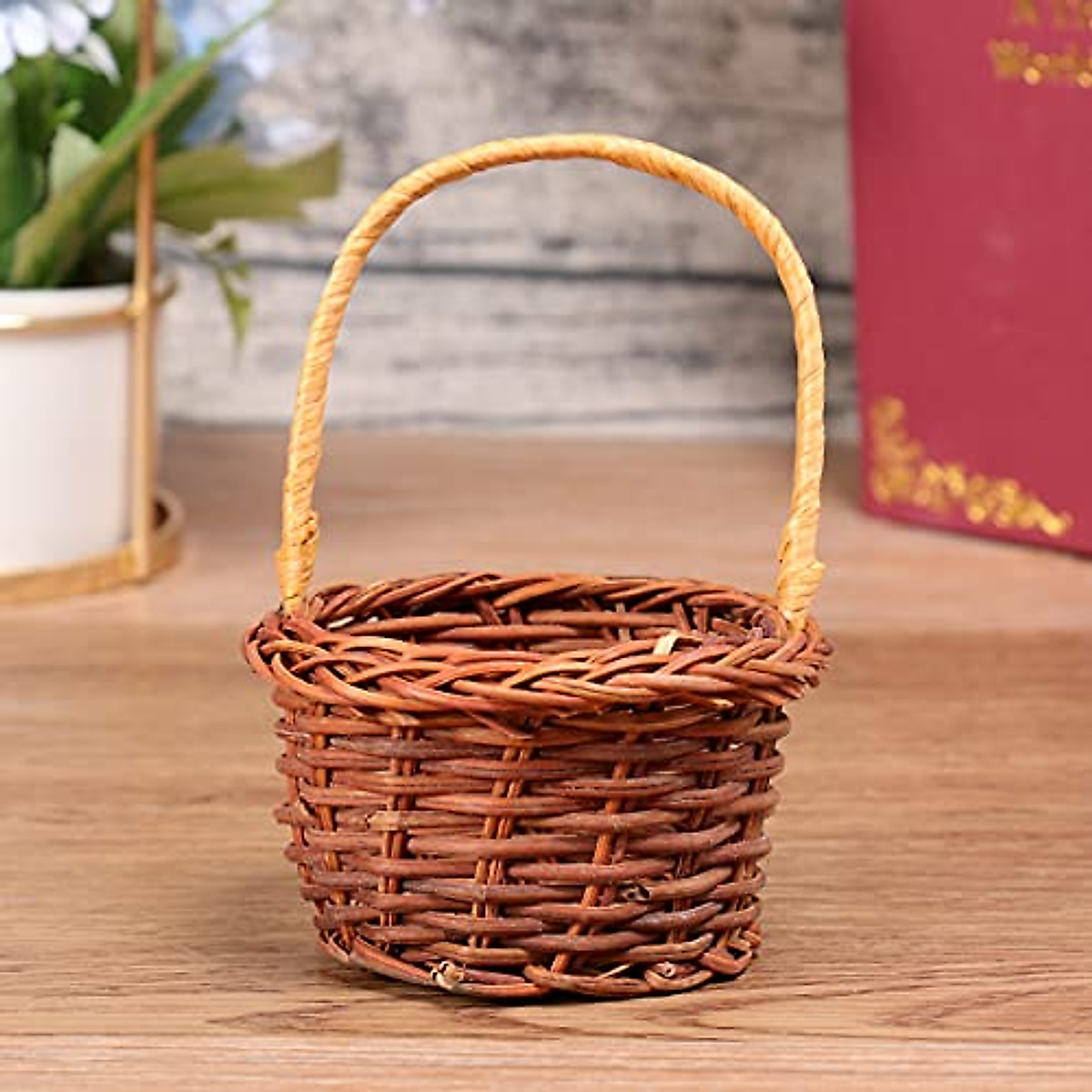 VANZACK Rattan Mini Baskets with Handle Small Round Natural Decorative Knitting Basket Storage Basket