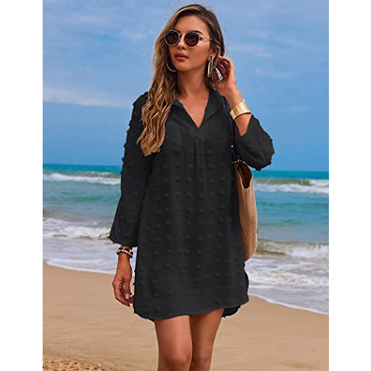 Ekouaer Women Cover Up for Swimwear Loose Beachwear Bikini Bathing Suits V Neck Chiffon Dress,XX-Large