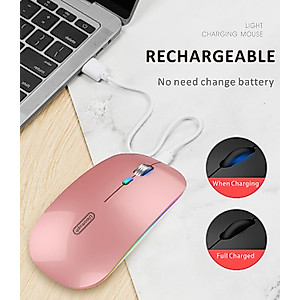 Uiosmuph LED Wireless Mouse, G12 Slim Rechargeable Silent 2.4G Portable Optical Wireless Computer Mice with USB Receiver and Type C Adapter (Rose Gold)